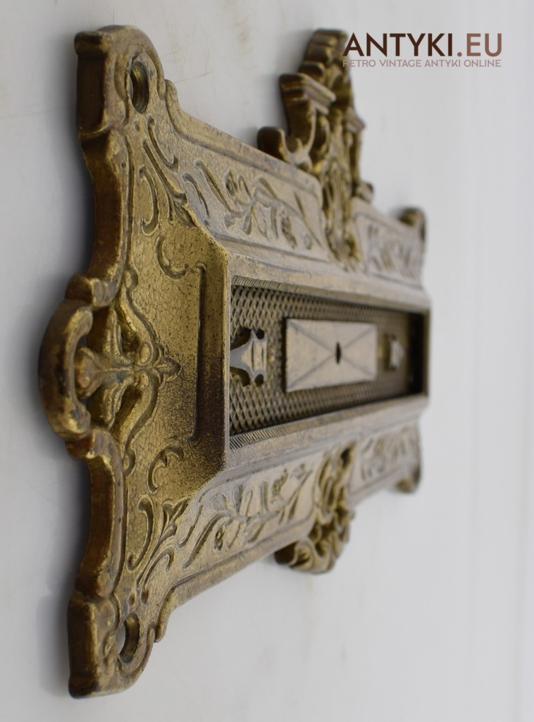 Secesyjny listownik mosiężny ozdobny, klapka do drzwi na listy - antyki.eu